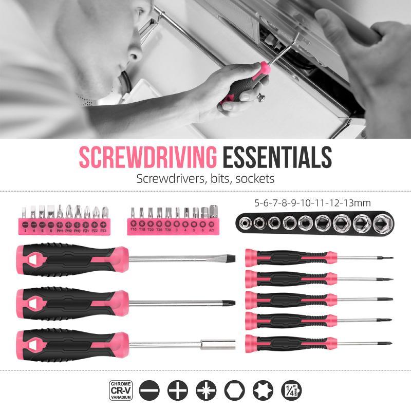 54pc Pink Lady Hand Tool Set Household Home Repair Tool Set Screwdriver ...